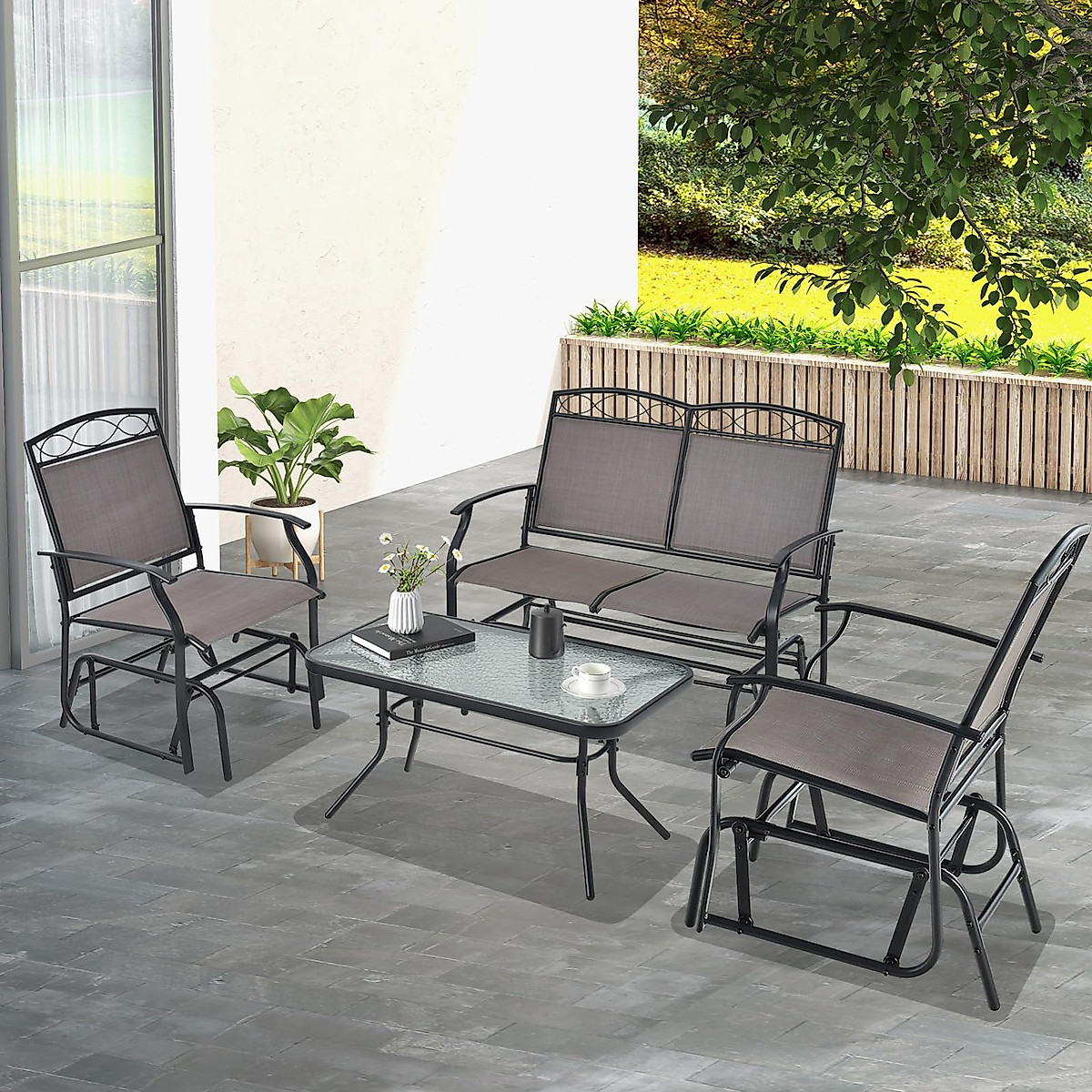 Giantex 4 PCS Outdoor Glider Chairs Set - Patio Furniture Set with Tempered Glass Table, Heavy-Duty Metal Frame, Gliding Rocking Chair, Conversation Set for Front Porch, Yard, Poolside (4 PCS, Brown)