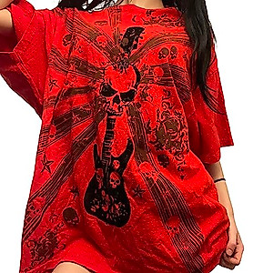 Y2k Womens Teen Girls Graphic Print Oversized Tees Short Sleeve Grunge Top Spicy Aesthetic T-Shirt 90s Summer Clothing (A Red, L)