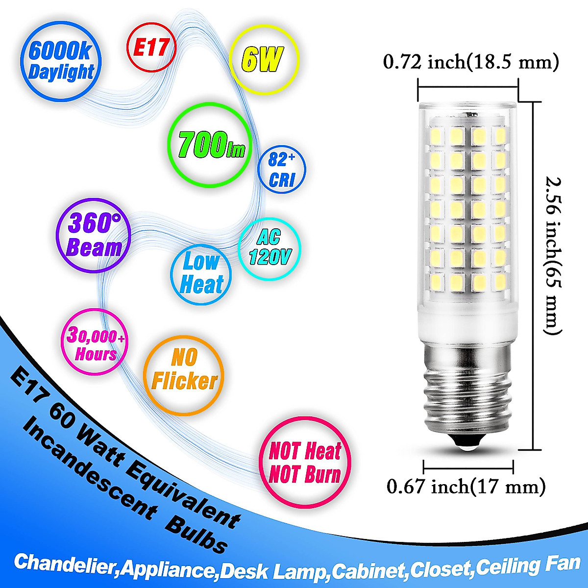 Heifymi E17 LED Light Bulb 6W(60W Halogen Equivalent) 6000K Daylight White 700lm 120V E17 LED Intermediate Base Bulb for Chandelier,Appliance,Desk Lamp,Cabinet,Closet,Ceiling Fan,Non-dimmable,5pack