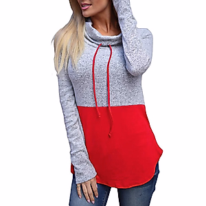 Women Cowl Neck Color Block Long Sleeve Tunic Sweatshirt Pullover Tops Turtleneck Patchwork Shirt Blouse Top Red