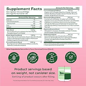 Bloom Nutrition Superfood Greens Powder, Digestive Enzymes with Probiotics and Prebiotics, Gut Health, Bloating Relief for Women, Chlorella, Green Juice Mix with Beet Root Powder, 30 SVG, Berry