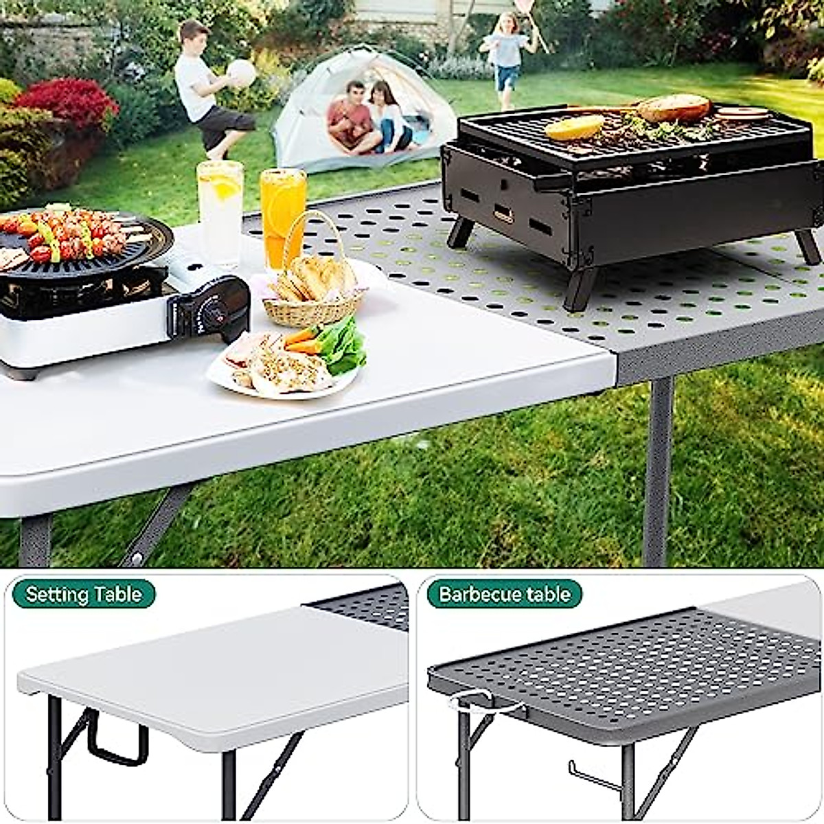 YITAHOME 6Ft Metal Folding Table for Grill Portable 2-in-1 Design Folding Grill Table with Mesh Desktop for Camping Cooking BBQ Picnic, White