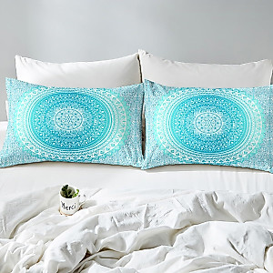 Castle Fairy Hippie Mandala Bedding Set,Teal Trippy Duvet Cover for Kids Teen Boys Girls,Bohemian Art Comforter Cover Decorative Room,Chic Exotic Quilt Cover with 2 Pillowcases,King Size