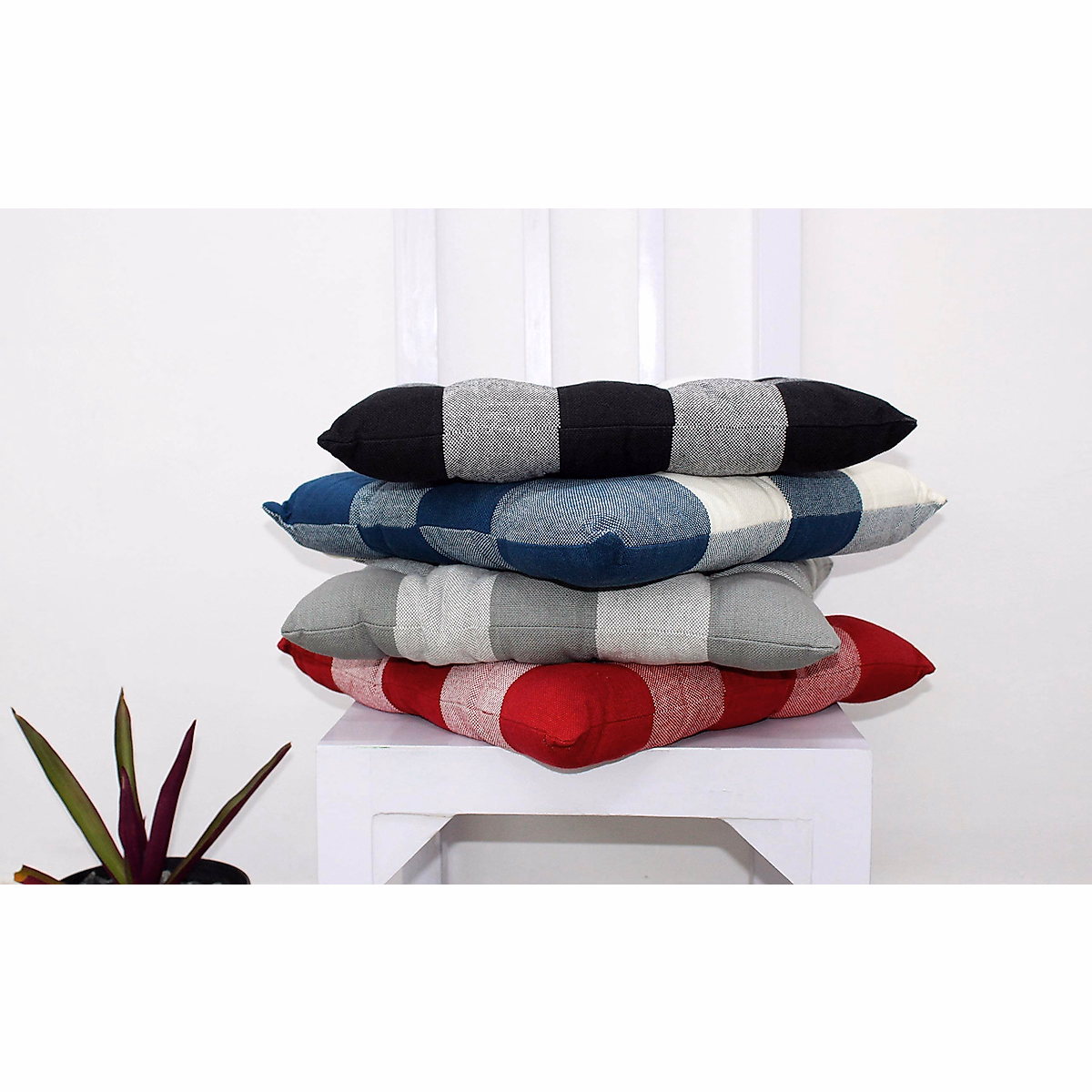 COTTON CRAFT Chair Cushion Pads - Set of 4 - Buffalo Gingham Check - Dining Kitchen Office Chair Seat Cushion with Ties - Durable Cotton Fabric - Thick Comfy Poly Fill - Indoor Use - 17x17 in – Black