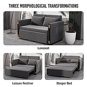 3 in 1 Convertible Sofa Bed, 54" Pull Out Couch 2 Seat Loveseat Sofa Modern Sleeper Sofa Velvet Upholstered Fabric Sofa with 2 Pillows and Storage Armrest for Living Room - Grey