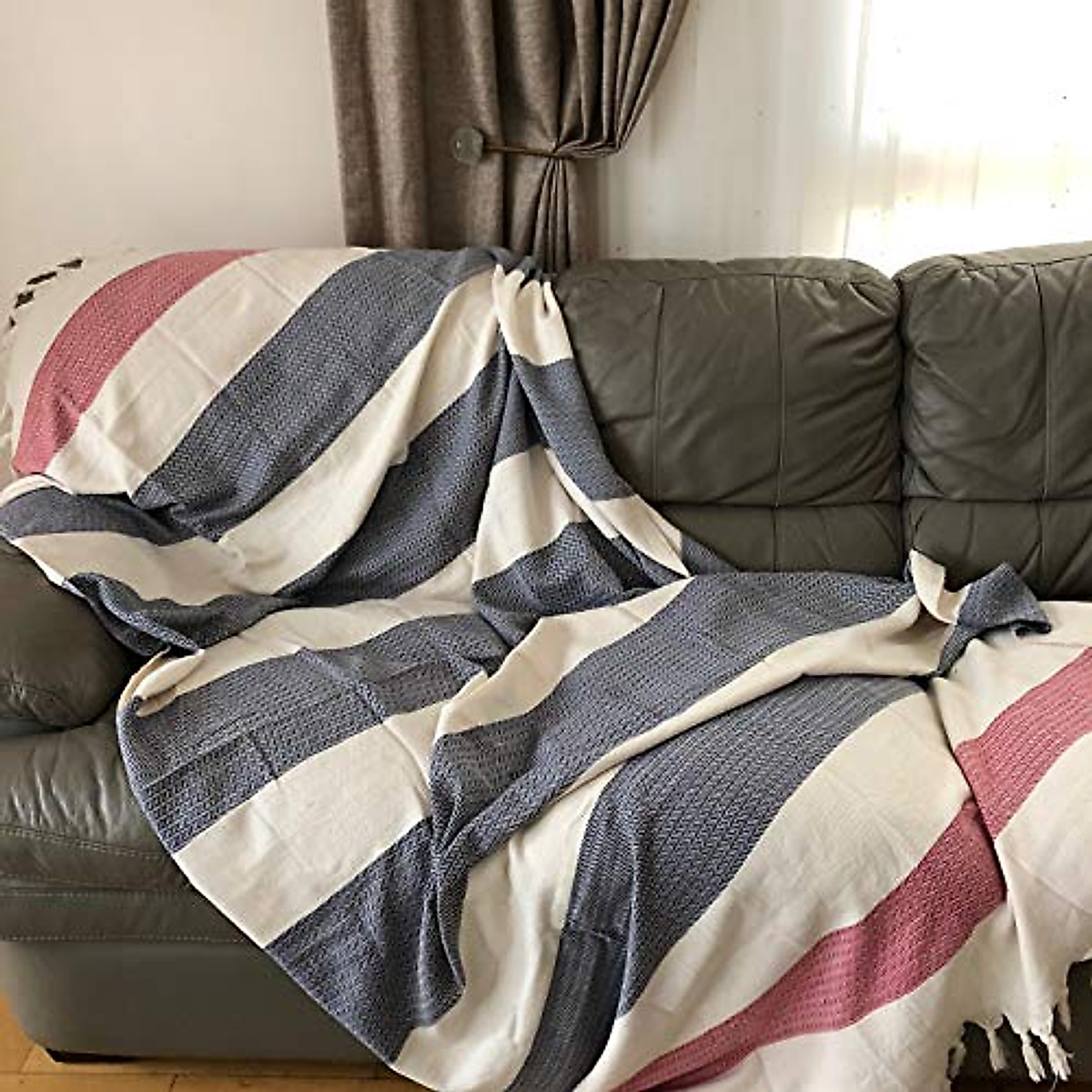Bersuse 100% Cotton Aspendos XL Throw Blanket Turkish Towel - 60x90 Inches, Dark Blue-Red