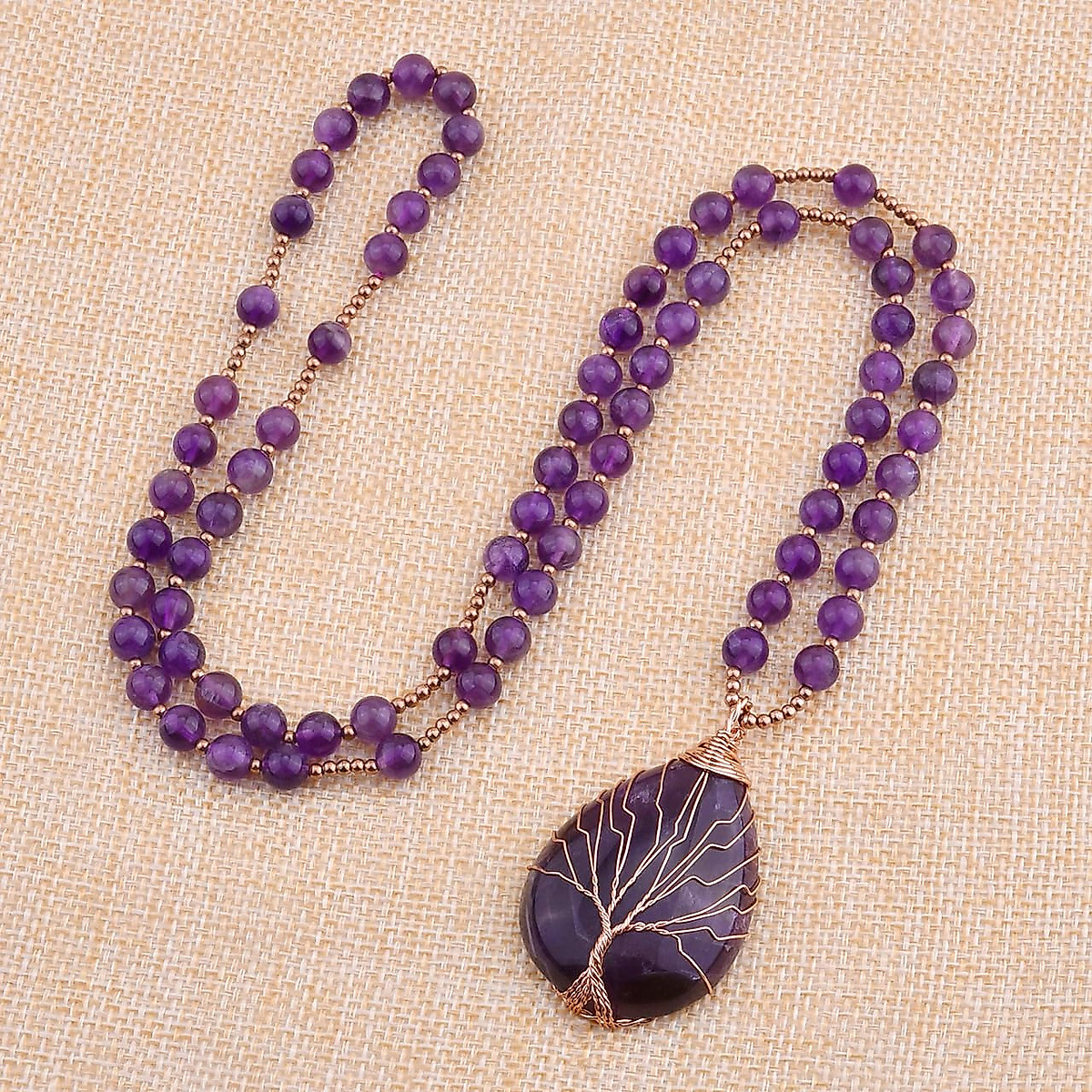 Top Plaza Healing Crystal Amethyst Necklace Natural Stone Beads Tree Life Wire Wrapped Teardrop Gemstone Pendant Jewelry for Women for Mom