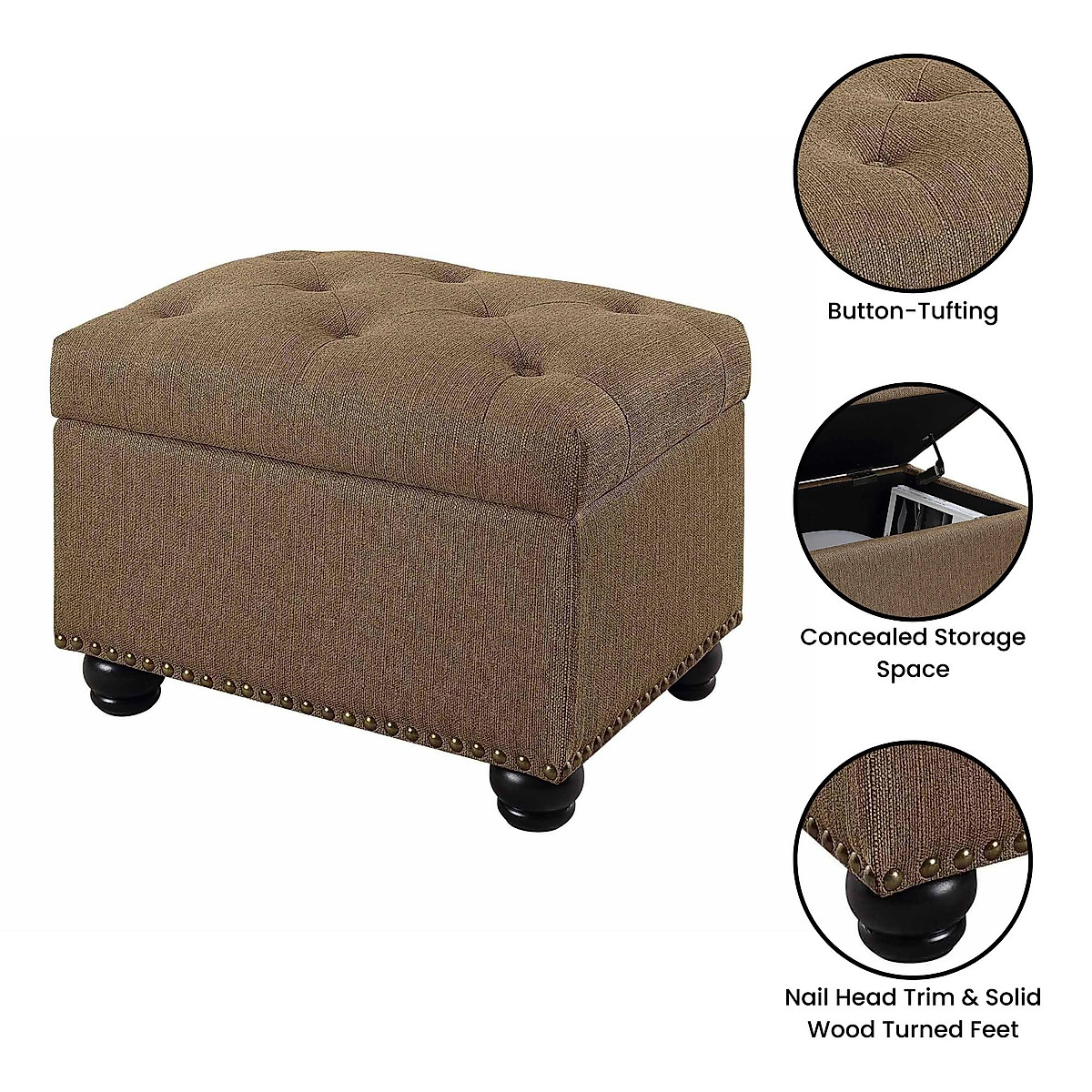 Convenience Concepts Designs4Comfort 5th Avenue Upholstered Storage Ottoman 24" - Contemporary Foot Stool and Seat with Hinged Lid for Living Room, Dining Room, Office, Sandstone Fabric