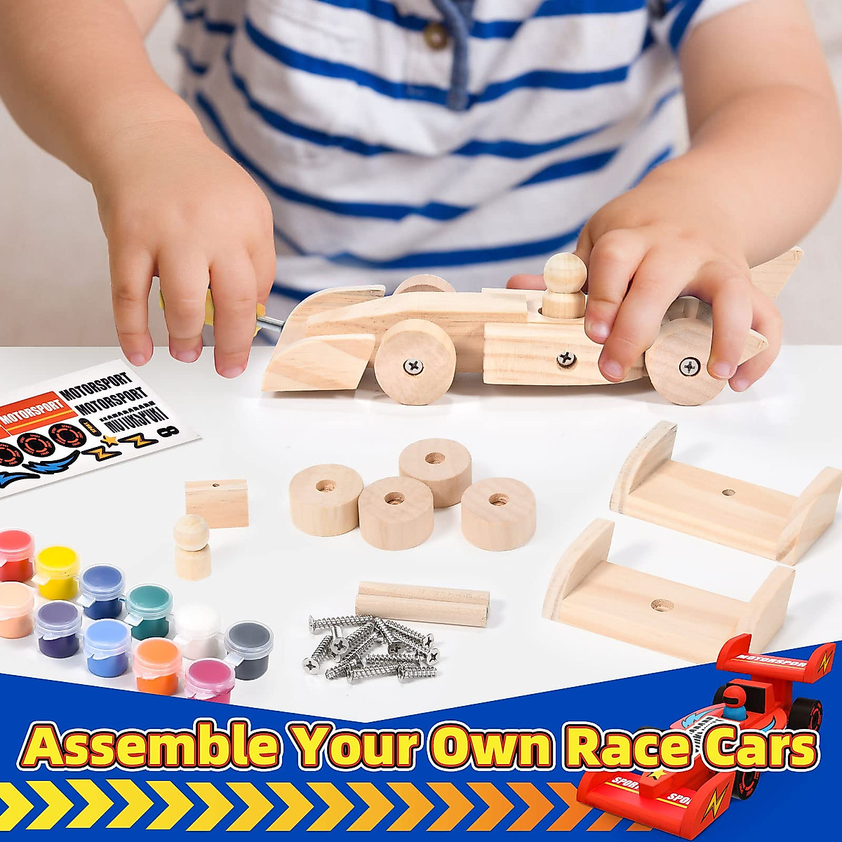 Atoylink DIY Wooden Cars Crafts for Kids Easy Assemble & Paint Your Own Race Cars 3 Pack Model Car Kits Woodworking Arts and Crafts for Boys Girls Gifts