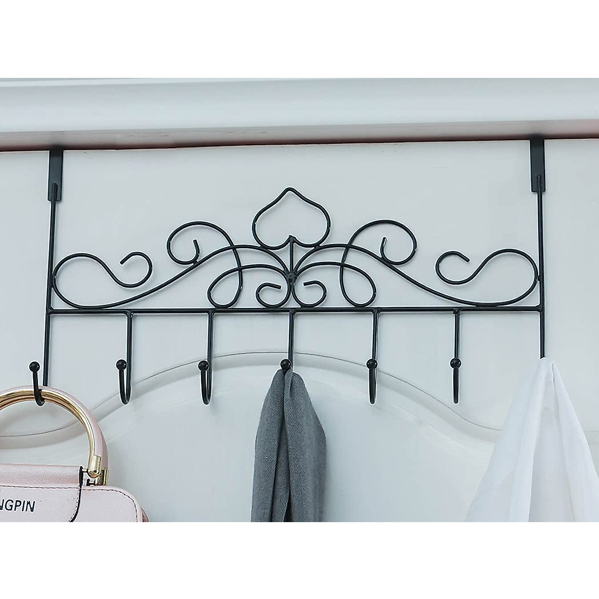 eywlwaar Over The Door 7 Hanger Rack Metal Rack for Home Use Hats Coats Key Bag Clothes Scarfs Hooks and Love Design (Black)