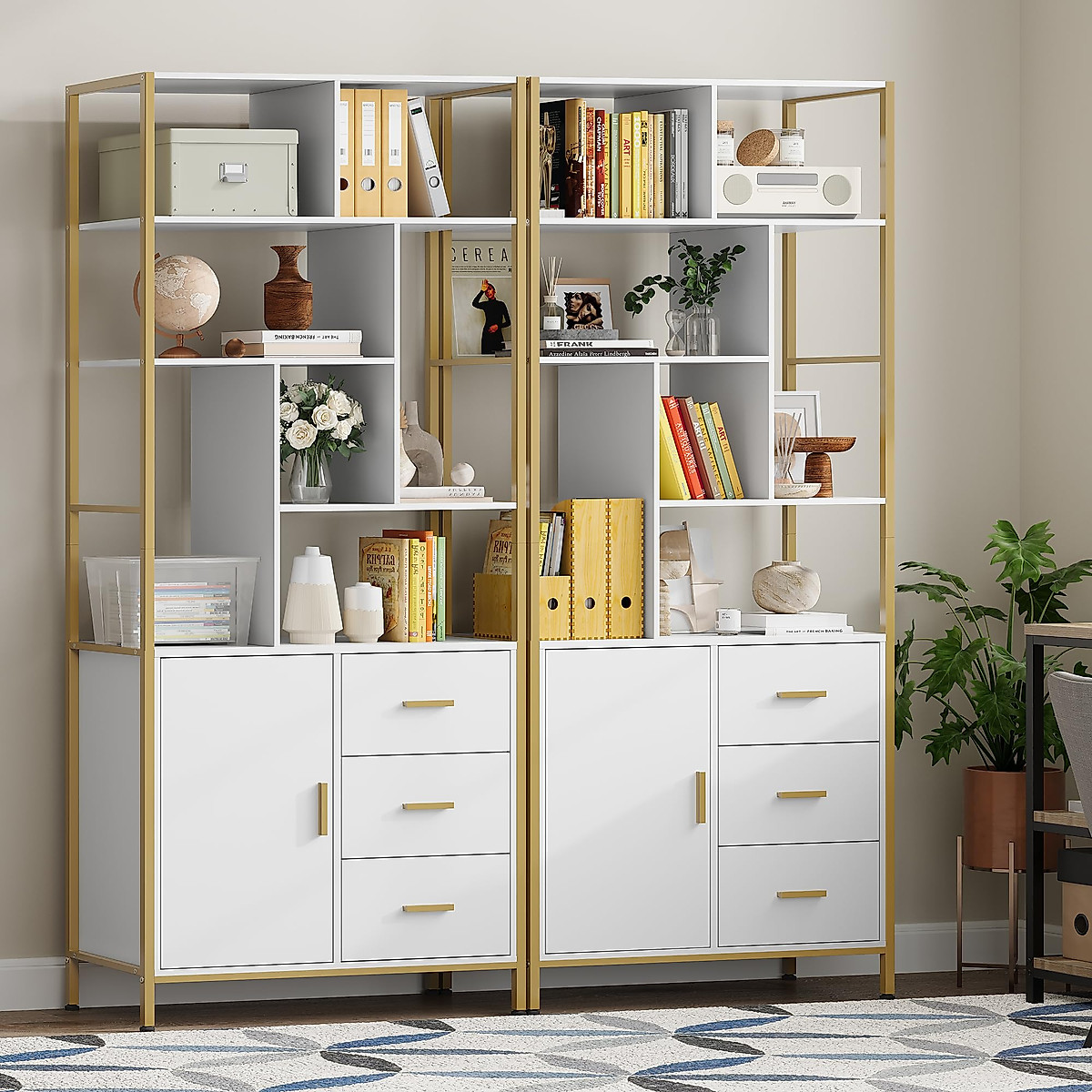 BOTLOG 71.2 Inch Tall Bookshelf, Bookcase with Door and 3 Drawers, Floor Standing Display Storage Shelves for Home Office, Living Room