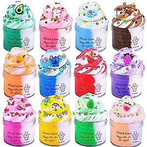 12 Pack Cloud Slime Kit, DIY Stress Relief Toy Cake Slime with Cute Slime Charms, Kids Party Favors Slime Putty Toys Gift