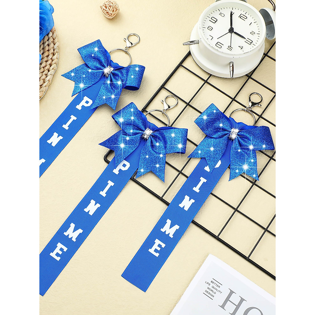 Landical 24 Pcs Cheer Pin Me Ribbon Cheer Keychain Cheer Ribbon Pins with Rhinestones Bow for Cheerleader Bag Backpack (Blue)