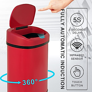 HCY Kitchen Trash Can 13 Gallon Automatic Metal Garbage Can Stainless Steel Waste Bin with Lid Smart for Kitchen,Office,Living Room,Bathroom(Red), 16 inches(L)x11 inches(W)x25 inches(H)