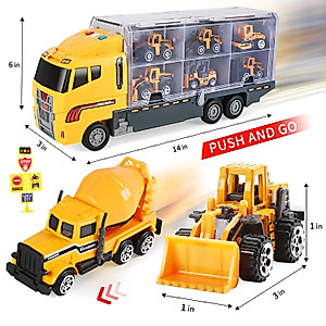 CUTE STONE 25 in 1 Construction Trucks Push and Go Car Carrier Truck Toy, Play Vehicles with Sounds and Lights, 12 Mini Diecast Trucks Included