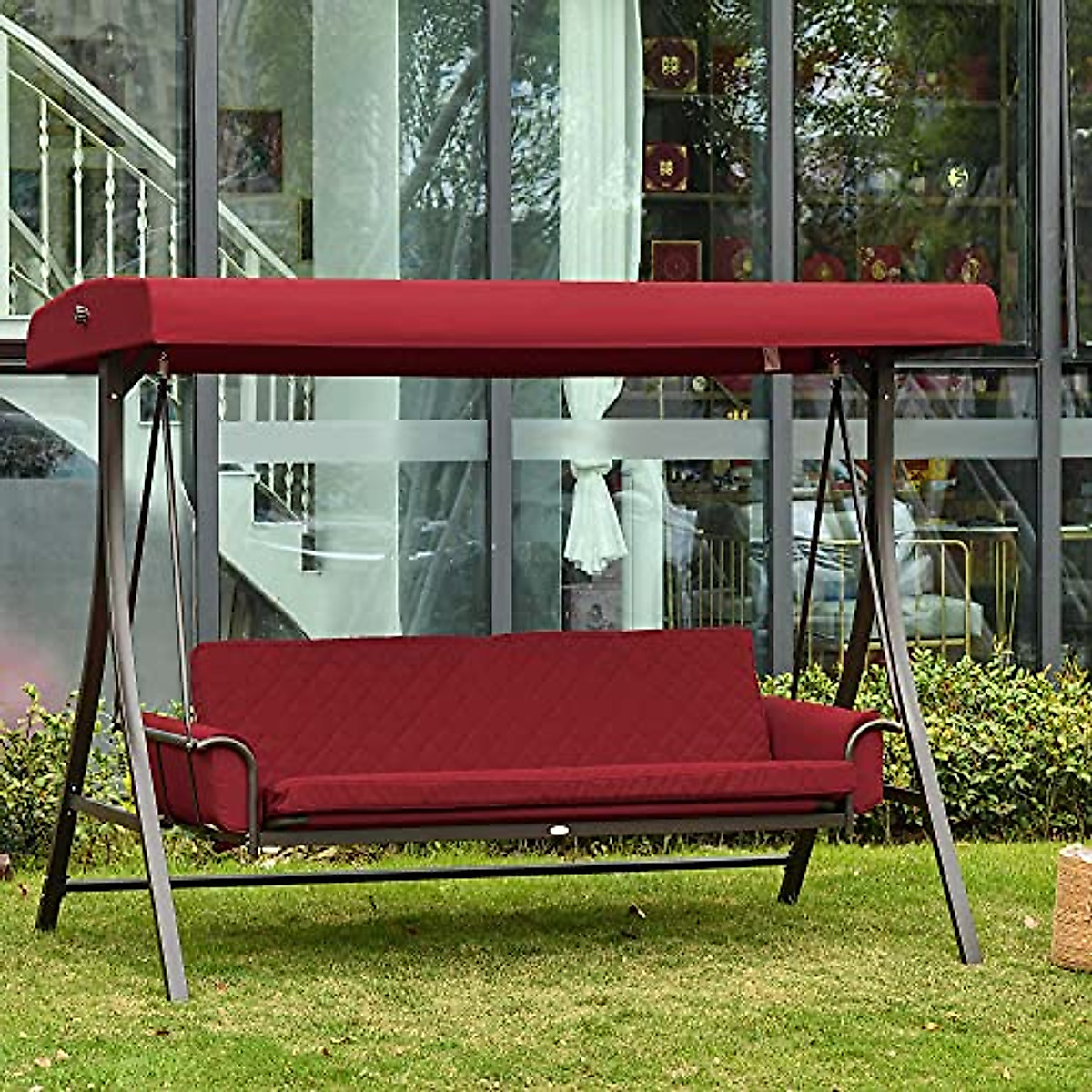 Outsunny 3-Seat Patio Swing Chair, Converting Flatbed, Outdoor Porch Swing Glider with Adjustable Canopy, Removable Cushions, Pillows for Garden, Poolside, Backyard, Red