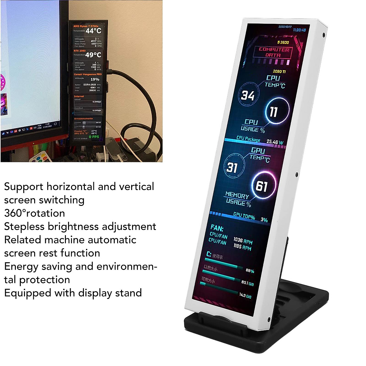 Bewinner 8.8in Computer Temp Monitor, 1920x480 60Hz PC Sensor Panel Display for AIDA64 CPU GPU SSD Data Monitor for RasPi for Linux for Windows