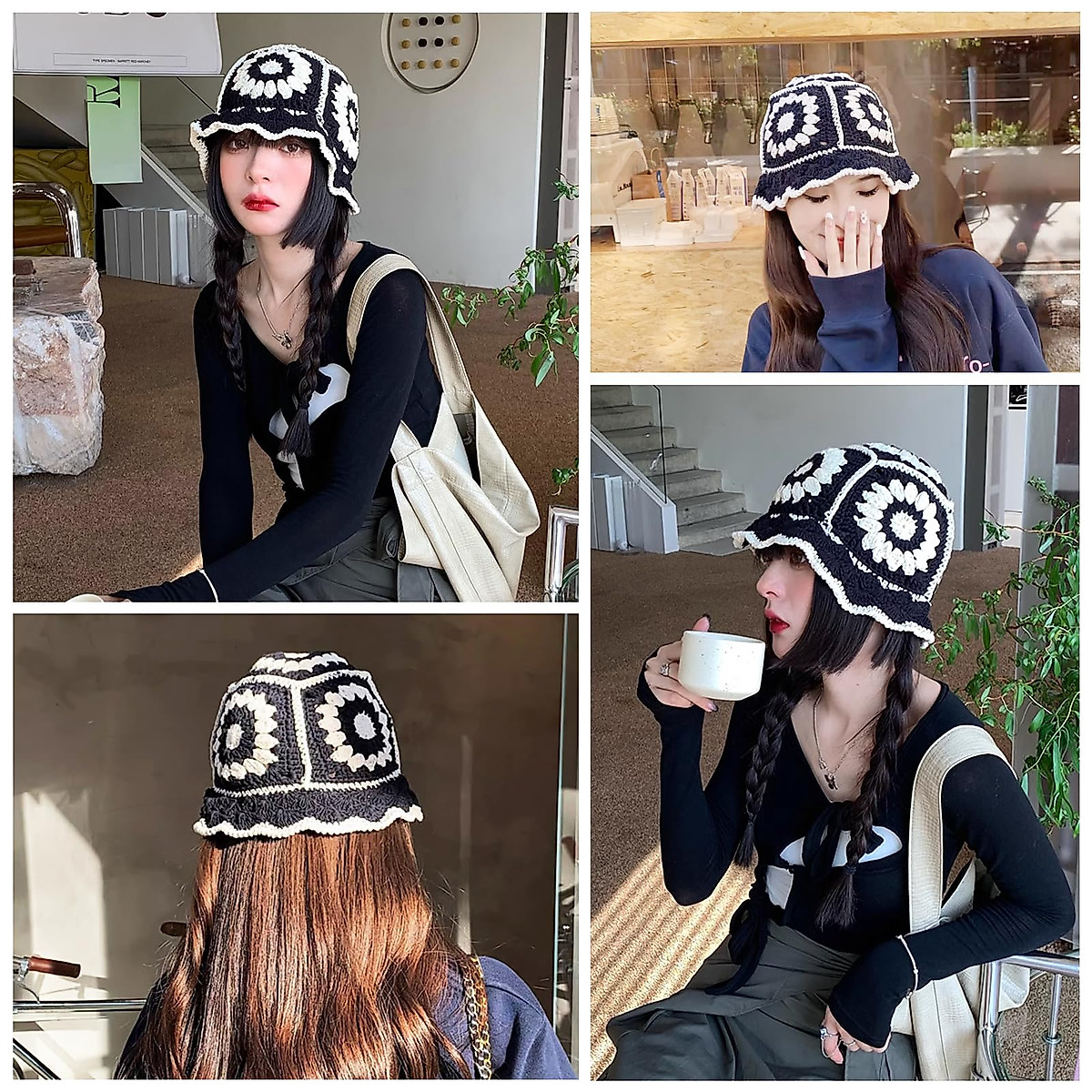 Crochet Bucket Hat for Women Crochet Hat Handmade Knitted Hat Foldable Floral Crochet Beanie Hat for Women Girls Outdoor Black/White