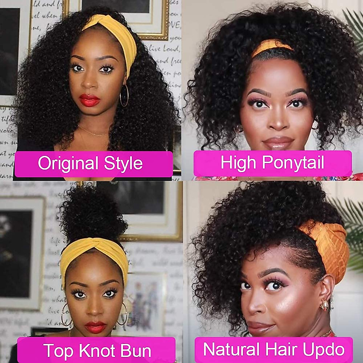 Glueless HeadBand Wig Curly Human Hair Wig None Lace Front Wigs for Black Women Deep Wave Machine Made Wigs Natural Color 180% Density (12inch)