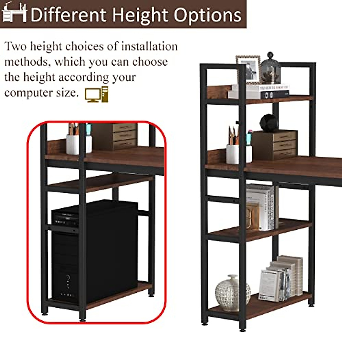 Napnapday 55 inch Computer Desk with Shelves, Desk with Storage Bookshelf Writing Table for Gaming Home Office Bedroom, Mahogany