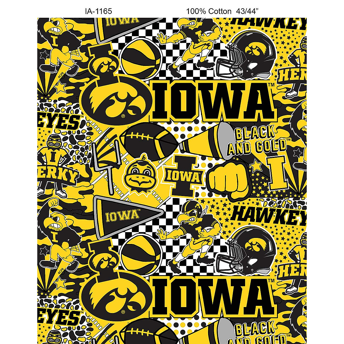SYKEL ENTERPRISES University of Iowa Graffiti Printed Cotton Fabric with POP Art-Newest Pattern-NCAA Cotton Fabric