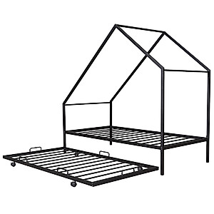 Bellemave Twin Size House Bed with Trundle, Kids Montessori Beds Metal Canopy Bed Frame for Girls Boys Teens, No Spring Box Needed, Black