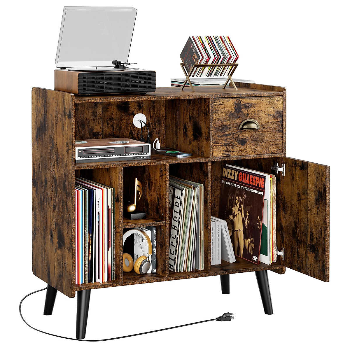 miadore Record Player Stand, Vinyl Records Storage Cabinet Display Shelf with Power Outlet, Turntable Stand Mid-Century Record Player Table with Wood Legs for Living Room,Bedroom,Office