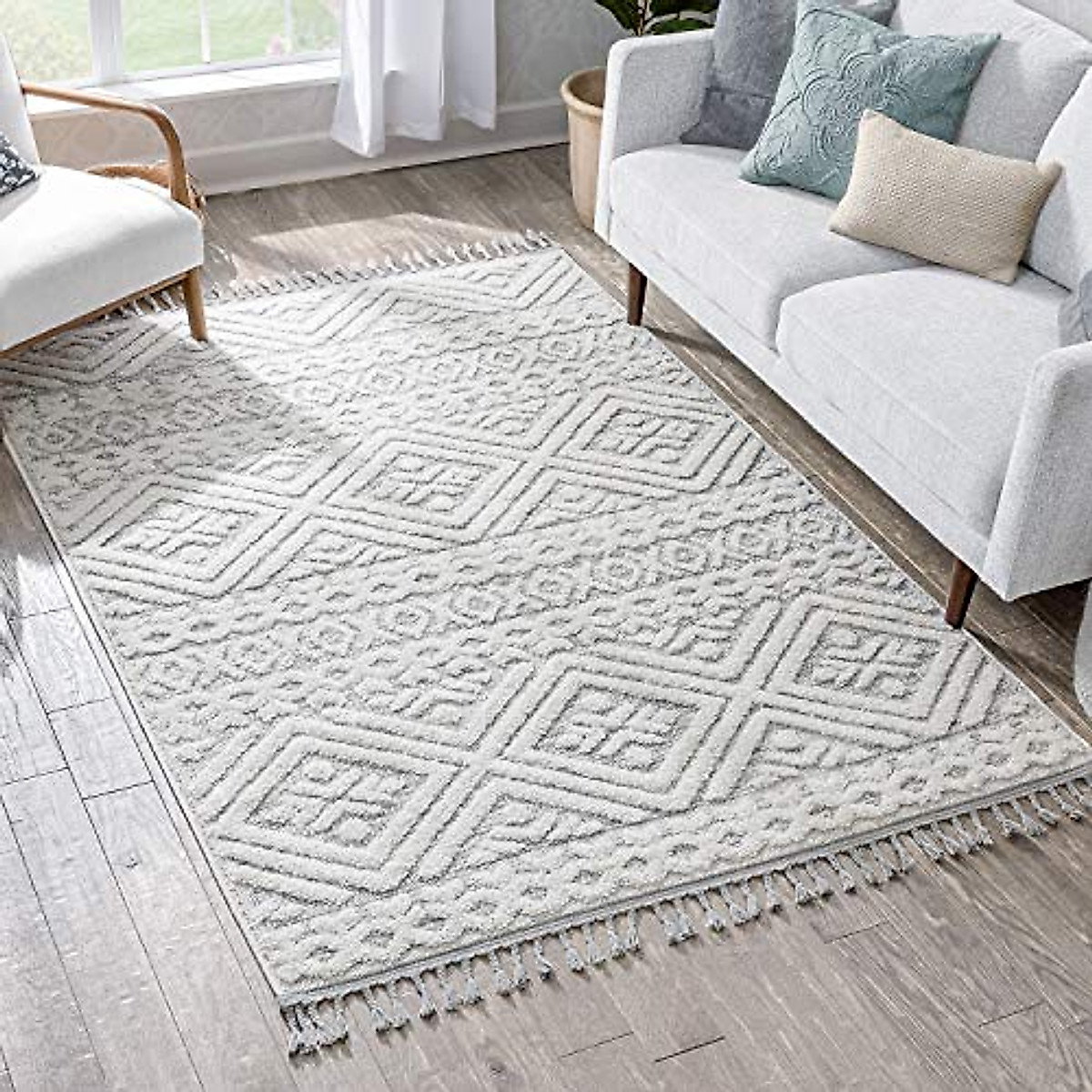 Well Woven Salem Eliana 3'11" x 5'3" Cream Tribal Geometric Chevron Pattern High-Low Textured Area Rug