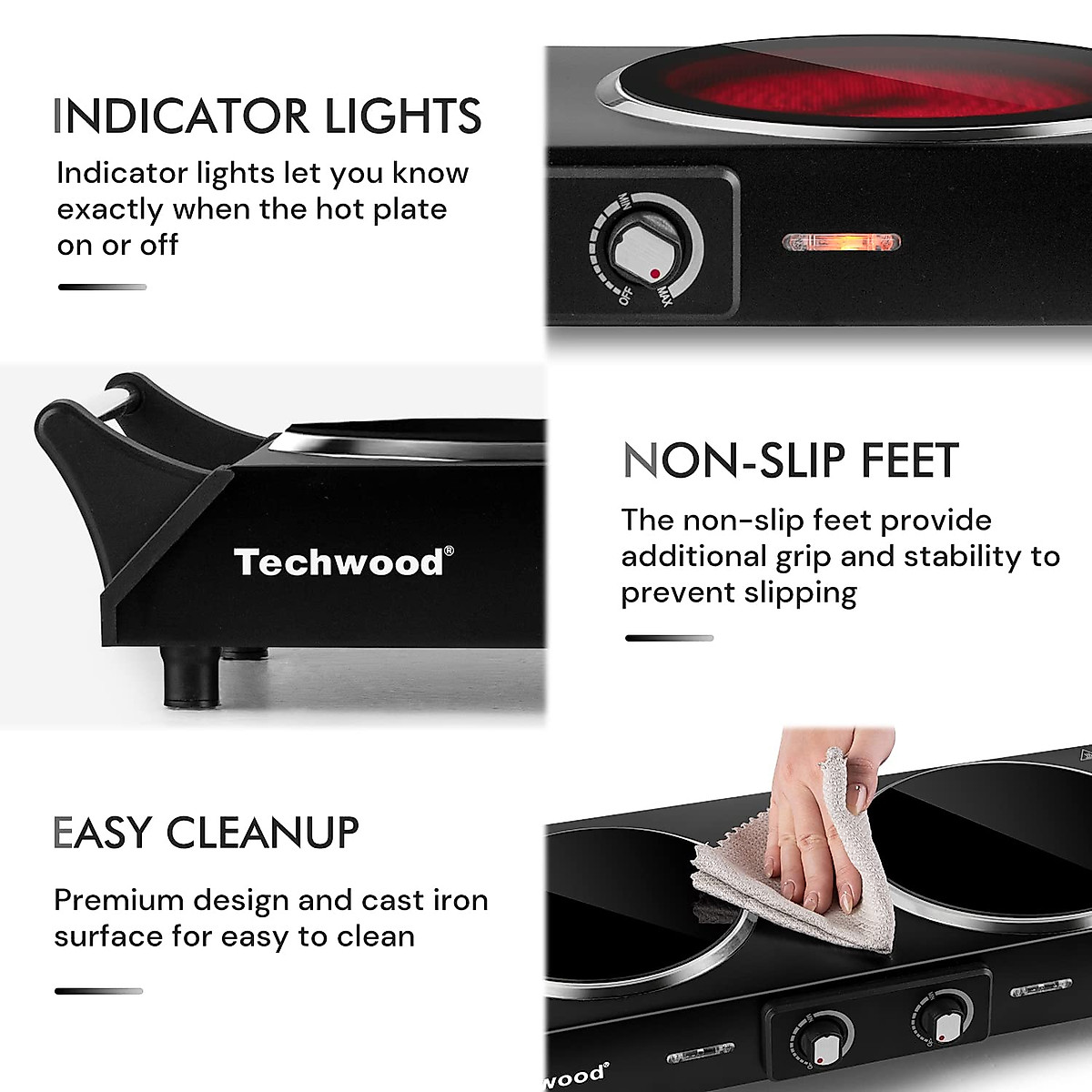Hot Plate, Techwood 1800W Double Infrared Ceramic Electric Stove for Cooking, Dual Control Cooktop Burners, Portable Anti-scald Handles Suitable for RV/Home/Camp, Compatible for All Cookwares