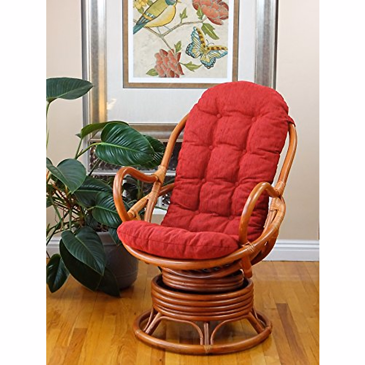 Lounge Swivel Rocking Rattan Wicker Java Chair w/Red Cushion, Colonial Color