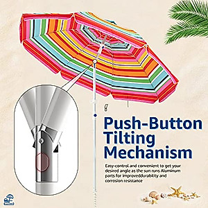 ROWHY 6.5FT Beach Umbrella UV 50+ Outdoor Portable Sunshade Umbrella With Push Button Tilt Sand Anchor and Carry Bag for Patio Garden Beach Pool Backyard (Red and Orange Stripe)