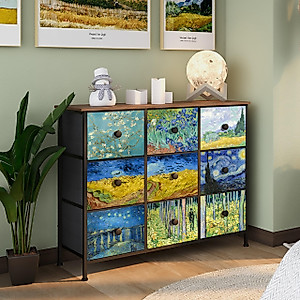 EXOTICA Van Gogh 9 Drawers Dresser Wide TV Stand Colorful Dressers & Chest of Drawers Enterway Furniture for Bedroom Living Room Hallway Closets Steel Frame Wood Top