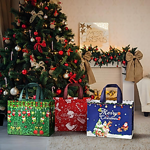 Christmas Gift Bags 16 packs, Christmas Tote Bags Medium Size Holiday Gift Bags with Handle, Reusable Non-Woven Shopping Bags for Xmas Gifts Wrapping Party Supplies Open Size 12.4*9.84*6.69 in