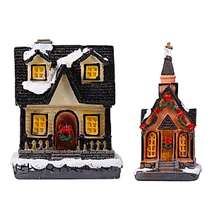 NUOBESTY Christmas Village Houses Set, 2PCS Luminous Christmas Scene Village Resin Christmas House Light up Christmas Decoration Tabletop Ornaments