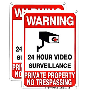 Large No Trespassing Signs Private Property Metal,Warning 24 Hour Video Surveillance Sign 10x14 Aluminum UV Printed,Durable/Weatherproof Up to 7 Years Outdoor for Home and Business (2-Pack)