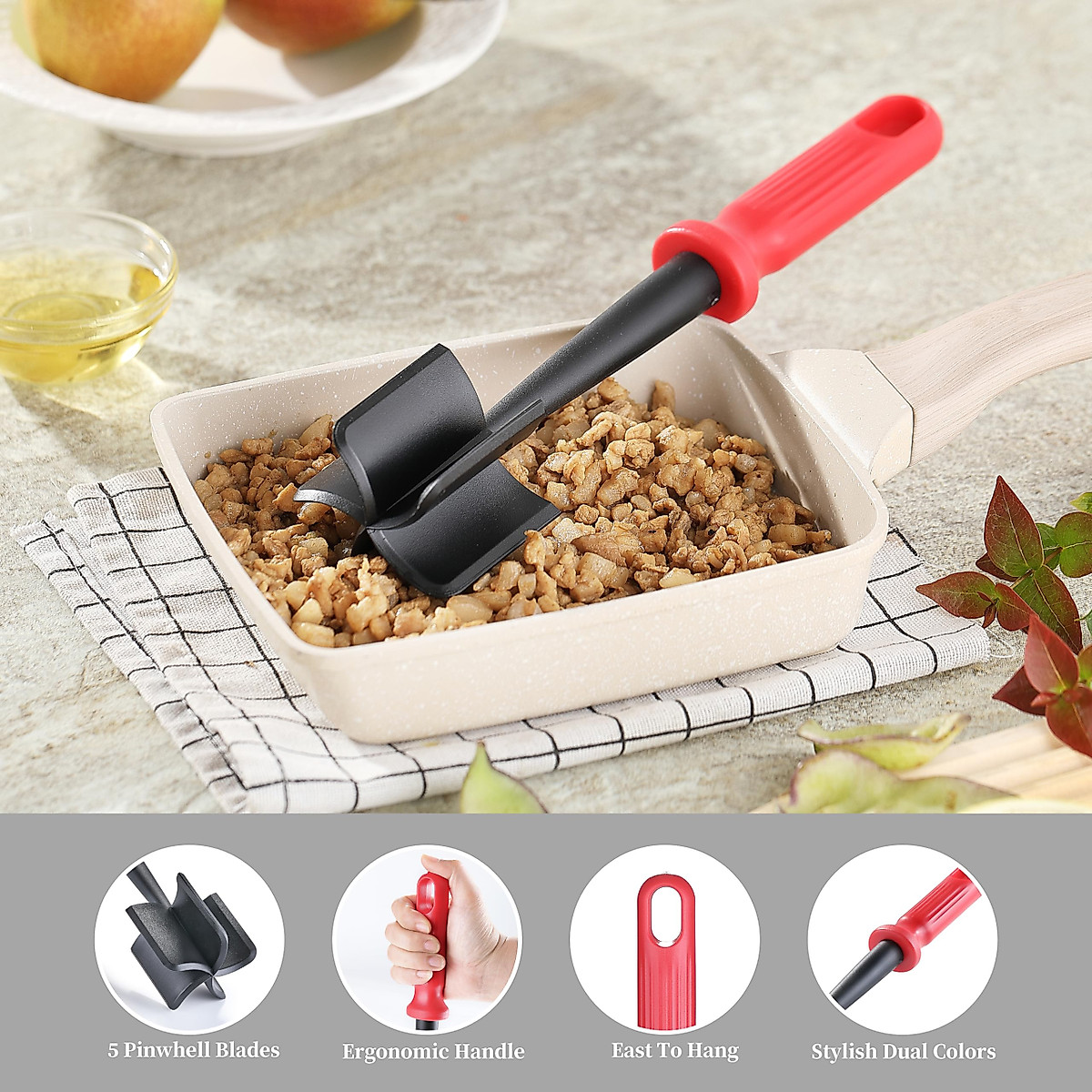 Meat Chopper, MONGSEW Heat Resistant Masher and Smasher for Meat and Hamburger, Ground Beef Smasher, Nylon Meat Spatula Chopper, Mix and Chop Kitchen Tool (Unique Double Colors)