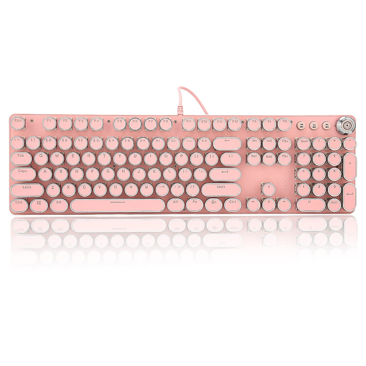 Pink Gaming Keyboard, Round Keycaps Mechanical Keyboard, Retro Punk Typewriter Keyboard, Pink and White Backlight, USB Wired, for Computer(Pink Punk)