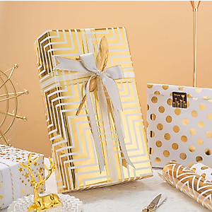 Homeral Christmas Wrapping Paper Roll - White and Gold Foil Polka Dot, Star, Wave Luxury Metallic Shine Gift Wrap Paper for Christmas, Birthday, Wedding - 3 Rolls - 17 x 120 Inch Per Roll