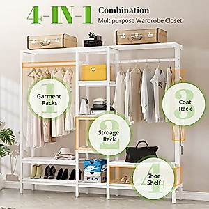 HOKEEPER Heavy Duty Free Standing Closet Organizer with 8 Shelves and Coat Rack Extra Large Wardrobe Closet Clothing Rack for Hanging Clothes Closet Storage Garment Rack for Bedroom 1000lbs White