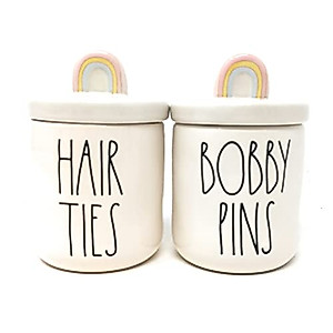 Rae Dunn by Magenta LL HAIR TIES and BOBBY PINS Jar Set with Rainbow Handles, 4" tall x 2.75" wide each, Ceramic Jars, Bathroom, Bedroom, Make Up, Holder, Storage, Canister, Organizer