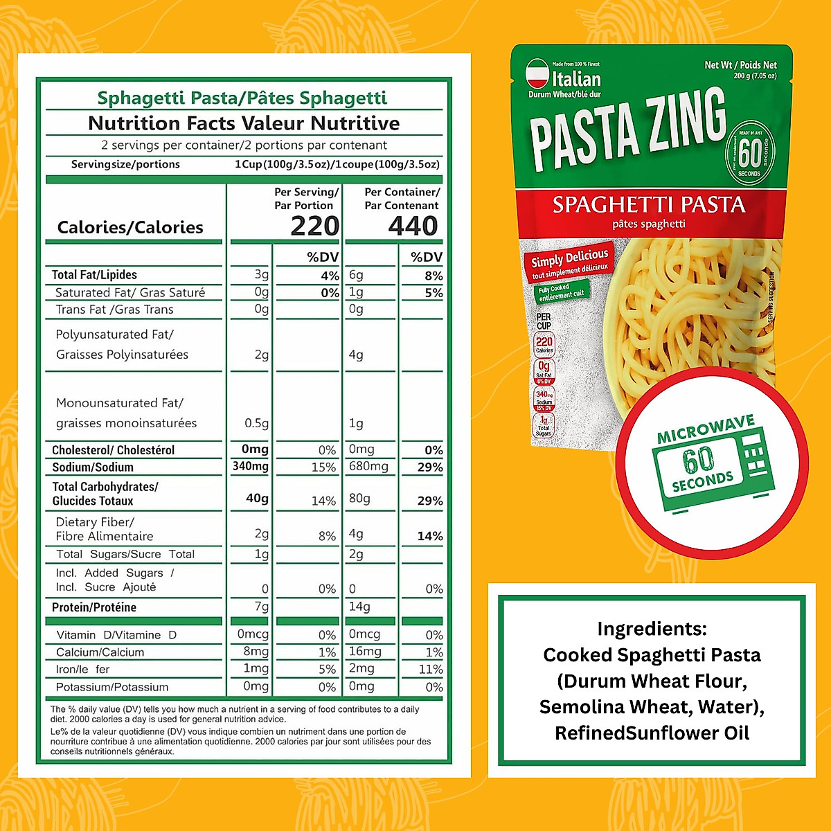 Pasta Zing Spaghetti Pasta Pack of 7, 7.05 Ounce, | Ready To Eat in 60 Sec | Pasta -100% Italian Durum Wheat | Natural Ingredients | Pre Made Meals Ready to Eat Fresh