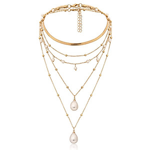 fxmimior Boho 5 Tier Gold Punk Chain Layered Necklace Dainty Pearls Pearls Pendant Long Choker Necklaces Jewelry for Women