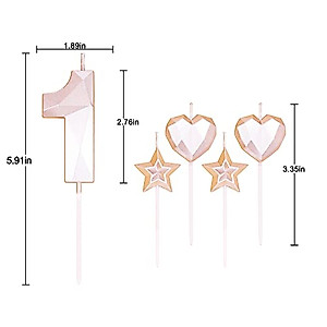 Rose Gold Number 1 Candles and Star Heart Candles 2.76 inch Number Candles for Birthday Cakes 3D Diamond Shaped for Cake Decorations(Rose Gold Candle 1)
