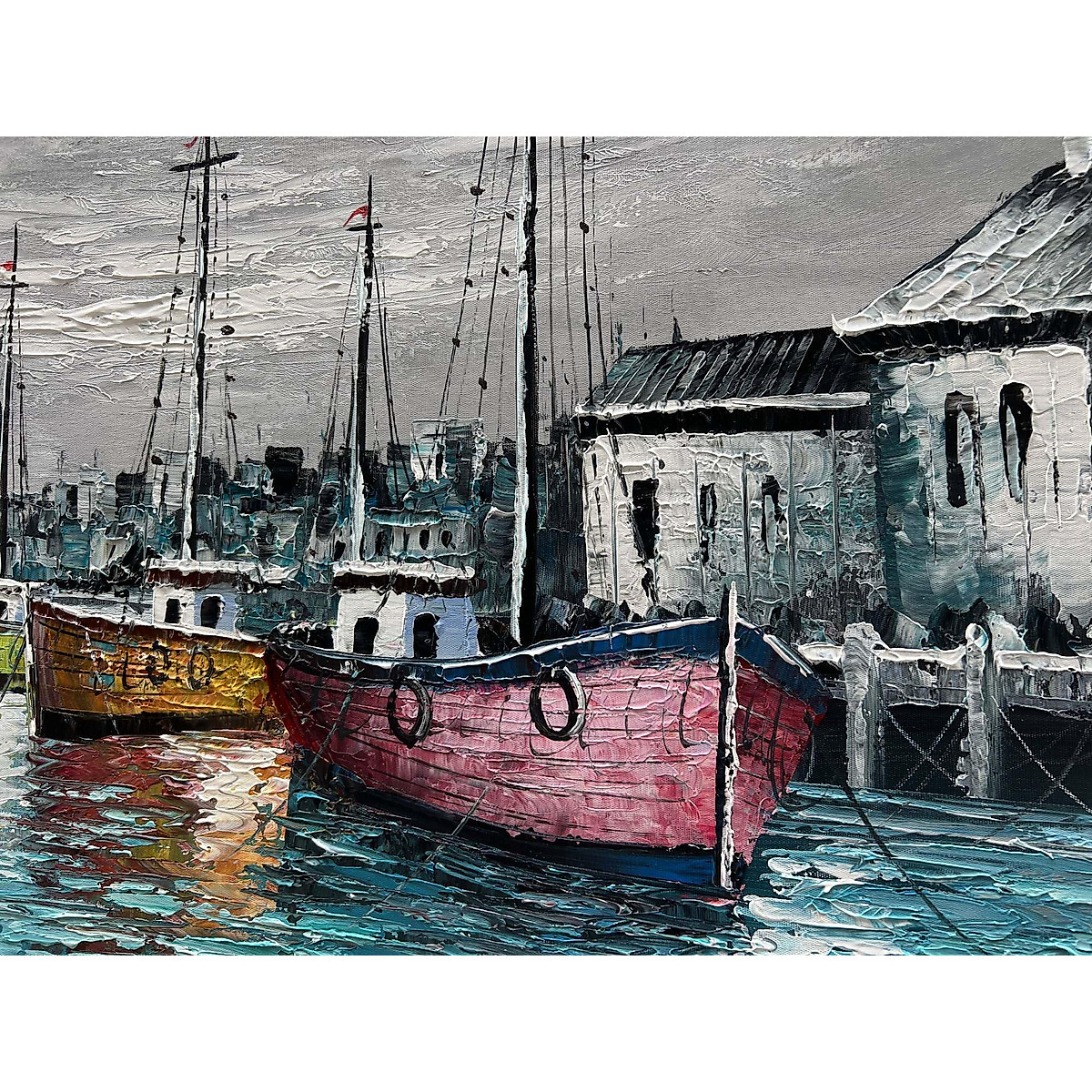 zoinart Hand Painted Large Canvas Wall Art 48x24 Inches Abstract Wall Paintings Contemporary Texture Wall Art Wharf Landscape Artwork Living Room Bedroom Wall Decor Ready to Hang