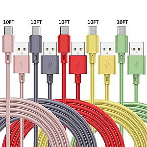 5 Pack 10FT USB Type C Cable TPE Fast USB C Charging Power Data Sync Cord Phone Charger for Samsung Galaxy A10e A11 A20 A21 A51 A50 A71 A01 S10 S21 S20 FE Note 20 Moto G G7 G6 Z4 LG K51 Stylo 4 5 6