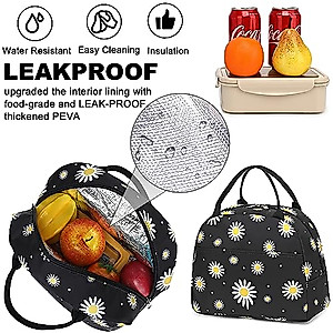 LEDAOU Backpack for Teen Girls School Bags Kids Bookbags Set School Backpack with Lunch Box and Pencil Case (White Daisies Black)