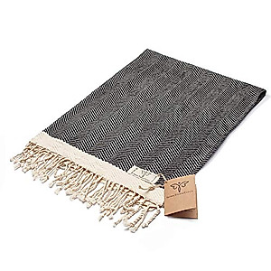 SMYRNA TURKISH COTTON Herringbone Series Hand Towels-Set of 2|16 x 40 in|100% Turkish Cotton|Large, Soft Hand and Head Towels for Bathroom, Kitchen|Don't Shrink|Premium Luxury - Black
