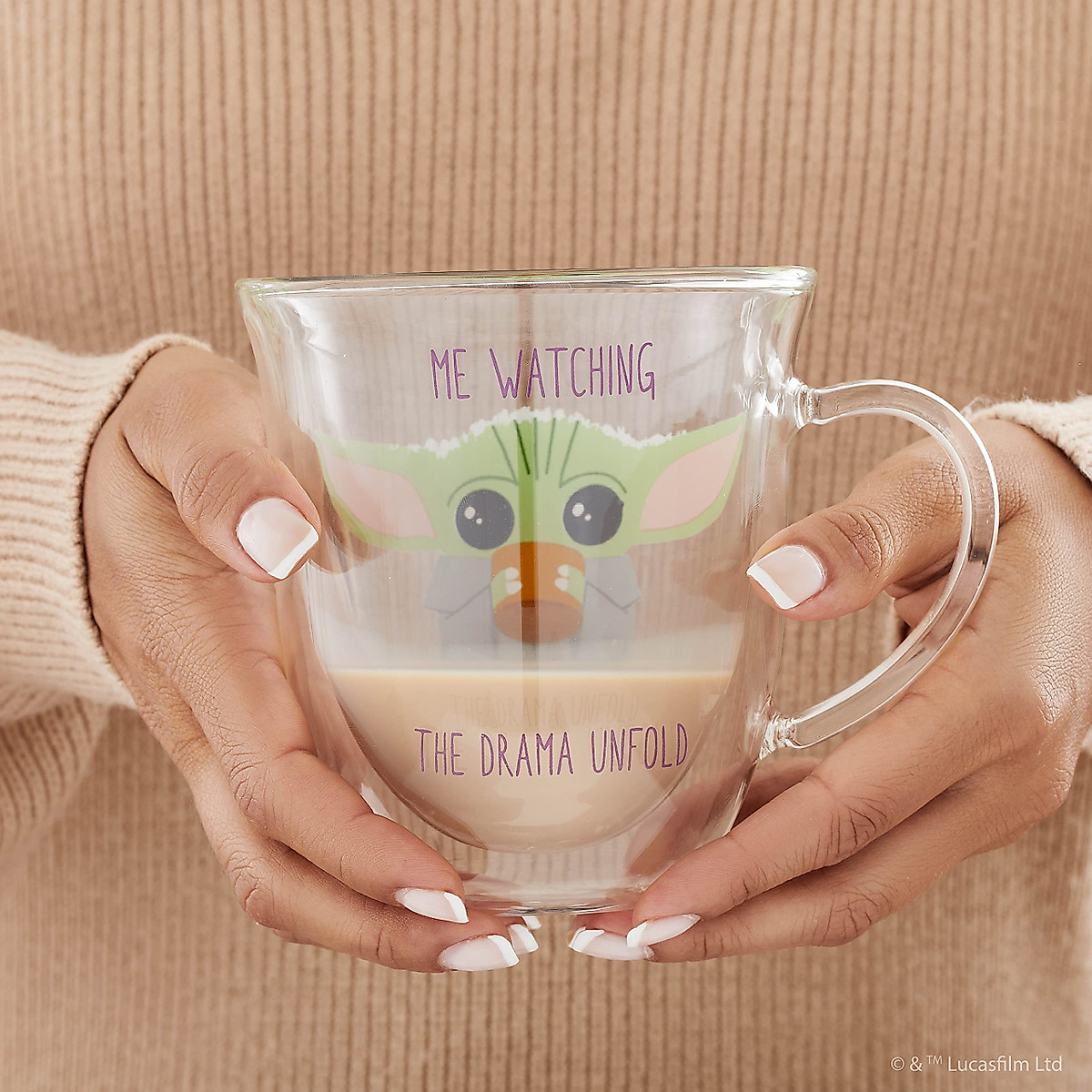 JoyJolt Watching The Drama Unfold Grogu 13.5oz Coffee Mug, Double Wall Mug Set of 2. Large Espresso Cups, Cappuccino or Latte Cup. Mandalorian Star Wars Mugs, Glass Coffee Cup, Insulated Coffee Mug