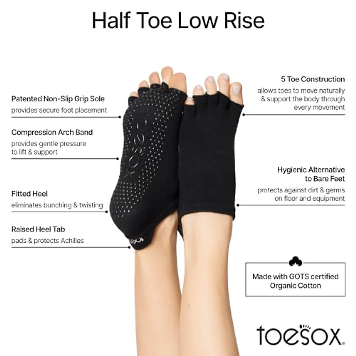 toesox Non Slip Ankle Half Toe Grip Socks - Pilates Socks with Grips for Women, Yoga, Barre and Dance