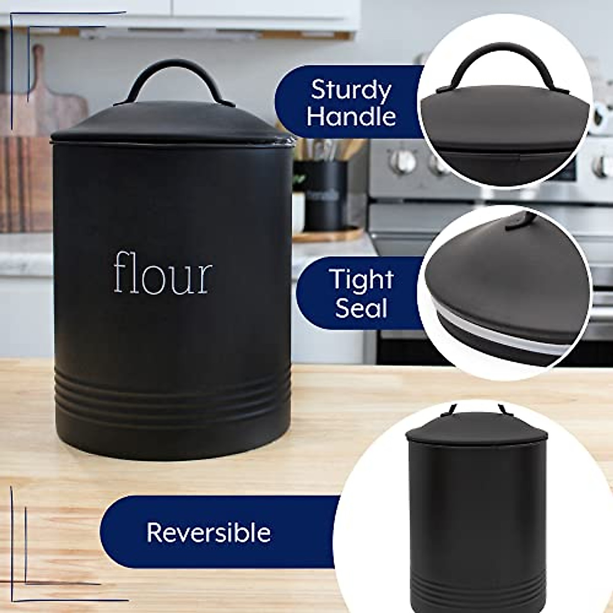 AuldHome Enamelware Black Flour Canister; Modern Farmhouse Style Staples Storage for Kitchen